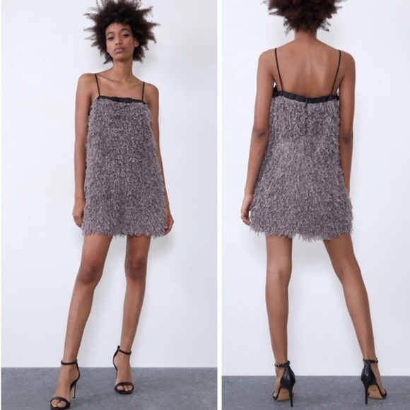 Zara | Dresses | Zara Spaghetti Straps Purple Shag Feather Dress | Poshmark